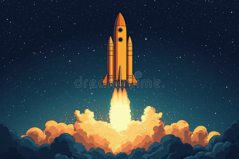 Rocket Launches into a Starry Sky, Leaving Trails of Smoke and Flames ...