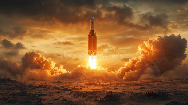 Rocket Launches at Sunset, Ascending into the Sky with Powerful ...