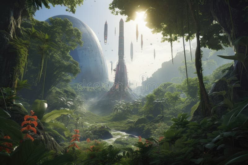 Rocket Launches from the Surface of a Lush, Jungle Planet Stock Photo ...