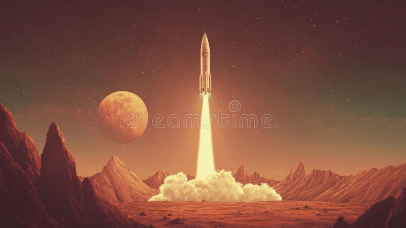 Vintage Mars Mission Poster Showcasing a Rocket Launch from the Martian ...