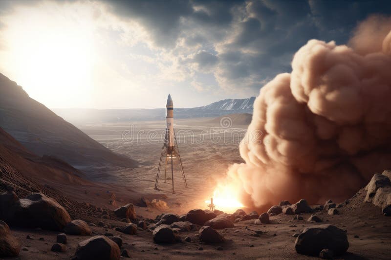 Rocket Launches from the Surface of Planet, with View of the ...