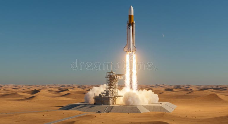 A Rocket Launches Vertically from a Desert-based Platform, Leaving a ...