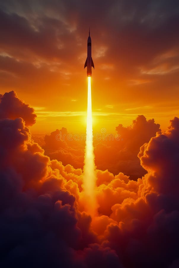 A Rocket Launching into the Sky at Sunset Stock Image - Image of clouds ...