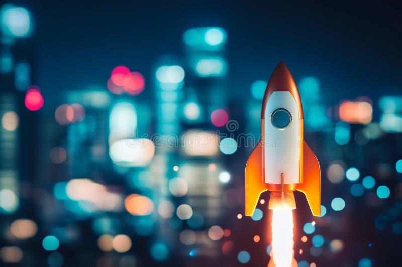 Rocket Launching Above Blurred City Skyline at Night Time Stock ...