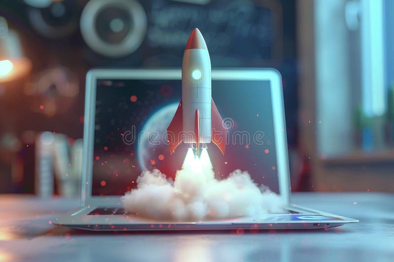 Rocket Launching Above Laptop with Smoke, Fiery Thrust, Planet ...