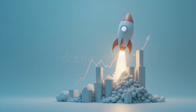 Rocket Launching Amidst Clouds with Growth Chart in a Modern Digital ...