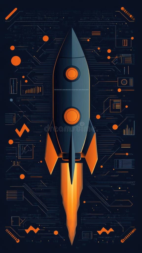 Rocket Launching Amidst Digital Schematics and Data Visualizations, AI ...