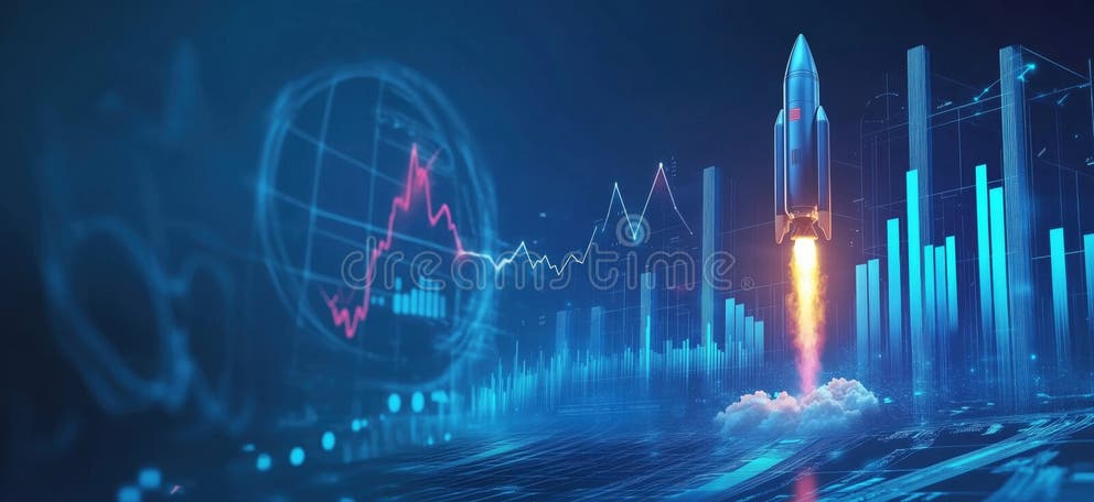 Rocket Launching Amidst Financial Data Visualization and Market Trends ...