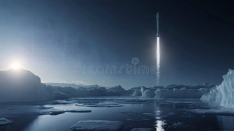 Rocket Launching from Arctic Base Near Melting Glaciers at Sunset Stock ...
