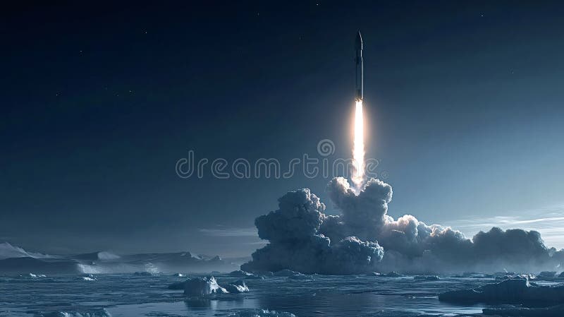 Rocket Launching from Arctic Base at Night, Surrounded by Ice and ...