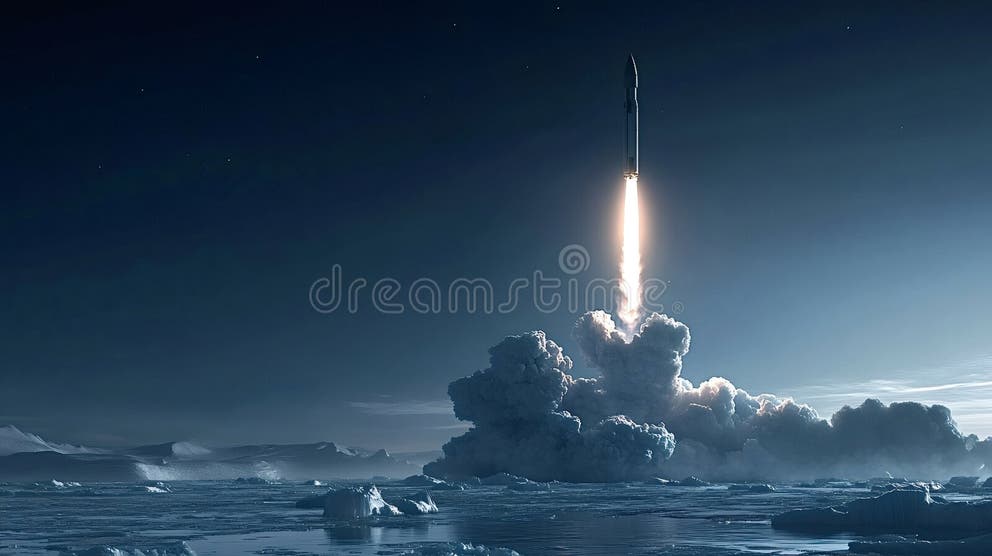 Rocket Launching from Arctic Base at Night, Surrounded by Ice and ...