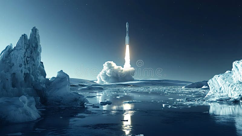 Rocket Launching from Arctic Base Surrounded by Icebergs and Glaciers ...