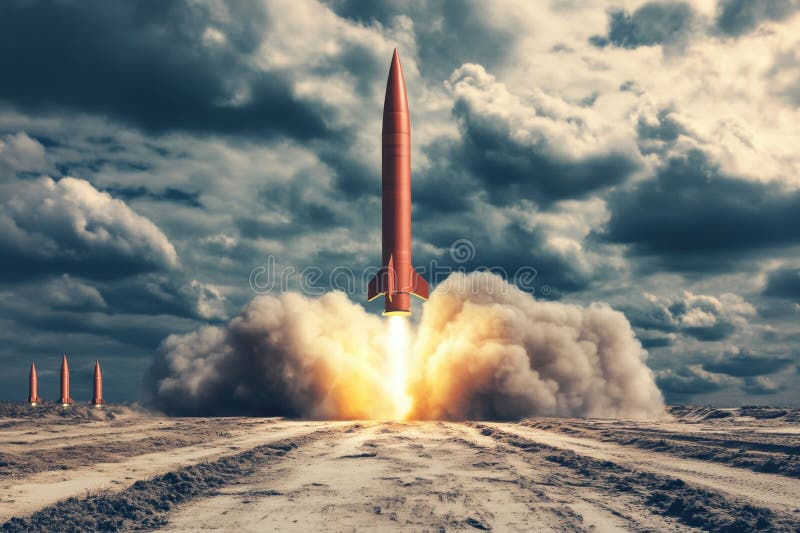 Rocket Launches into the Sky Amidst Dramatic Clouds and Smoky Terrain ...