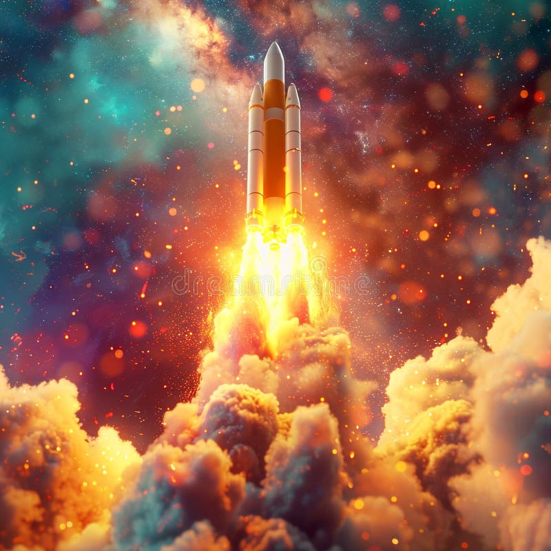 Impressive Rocket Launch Against a Colorful Night Sky with Explosive ...