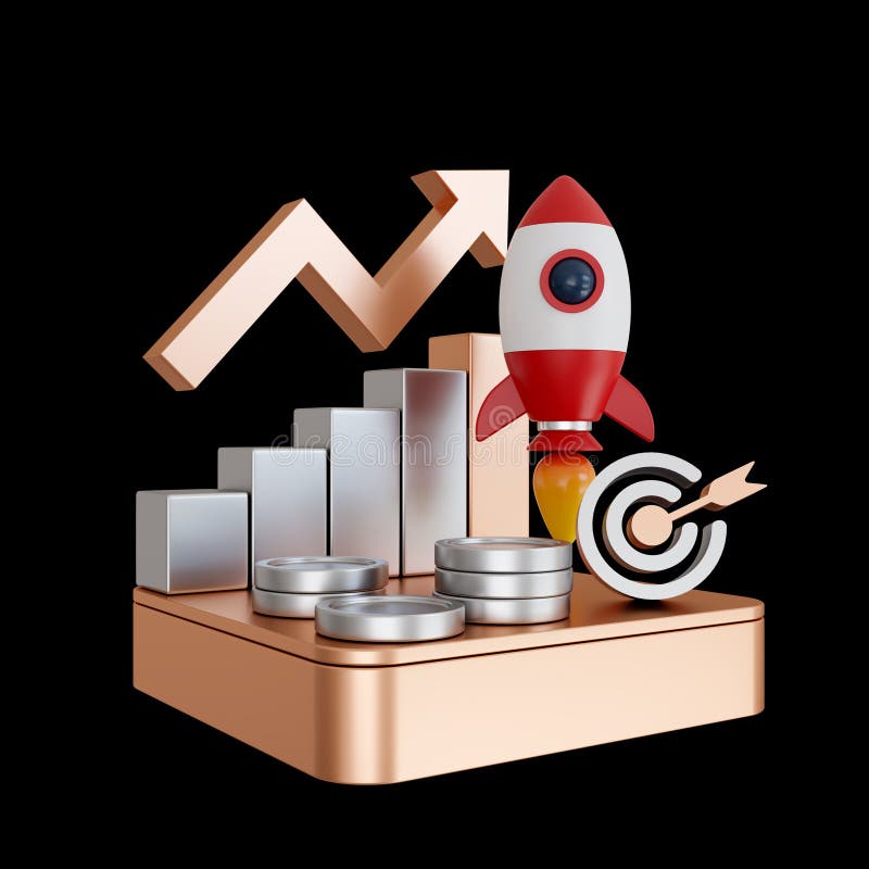 Rocket Launching beside a Bar Graph with an Upward Trend, Target Icon ...