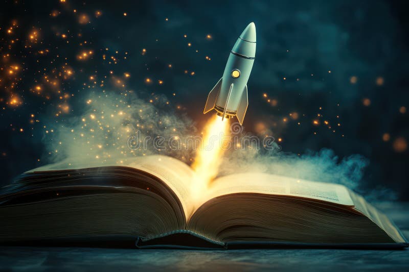 Rocket Launching from Book Symbolizes Knowledge Stock Image - Image of ...