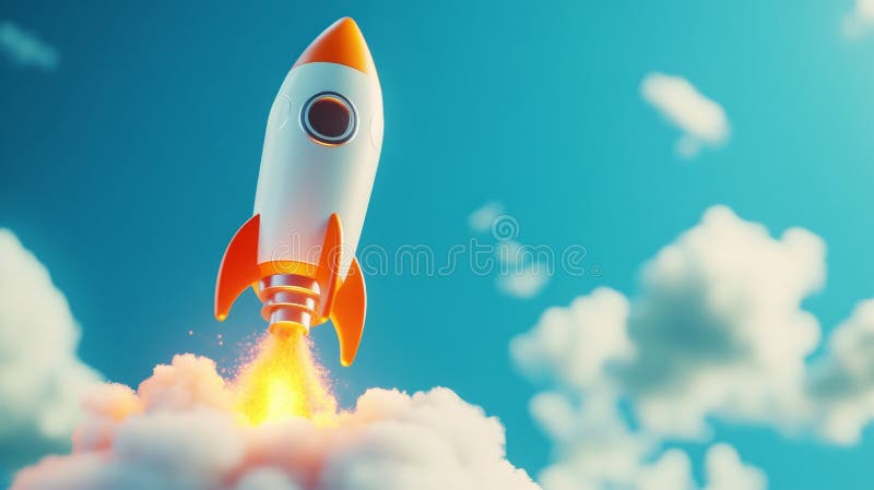 Rocket Launching into Bright Blue Sky with Clouds, Innovation and ...