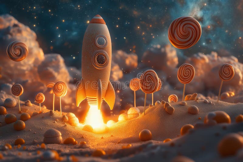 Rocket Launching from a Candy Planet into a Starry Night Stock ...