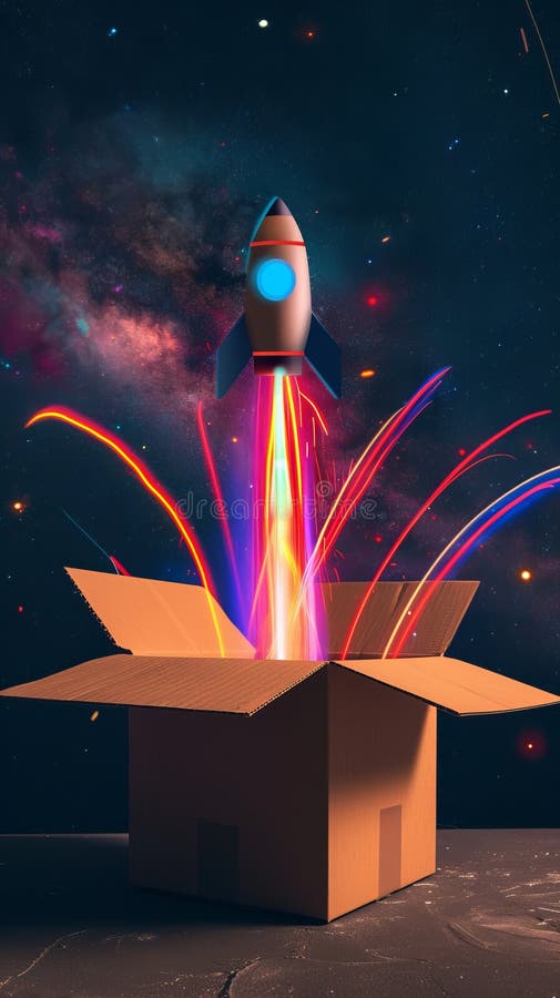 Rocket Launching from Cardboard Box in Outer Space, Creativity and ...