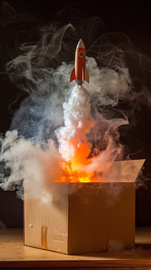 Rocket Launching from Cardboard Box with Smoke and Fire Stock Image ...