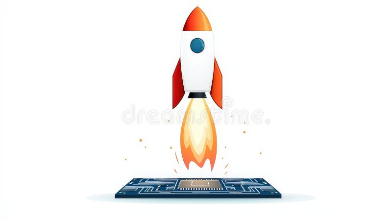 Rocket Launching from Circuit Board with Flames and Bright Colors in a ...