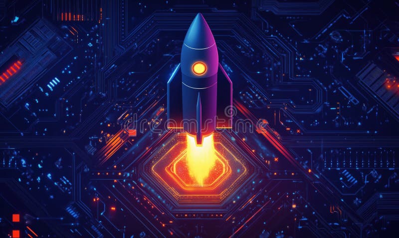 Rocket Launching from Circuit Board, Futuristic Technology Concept ...