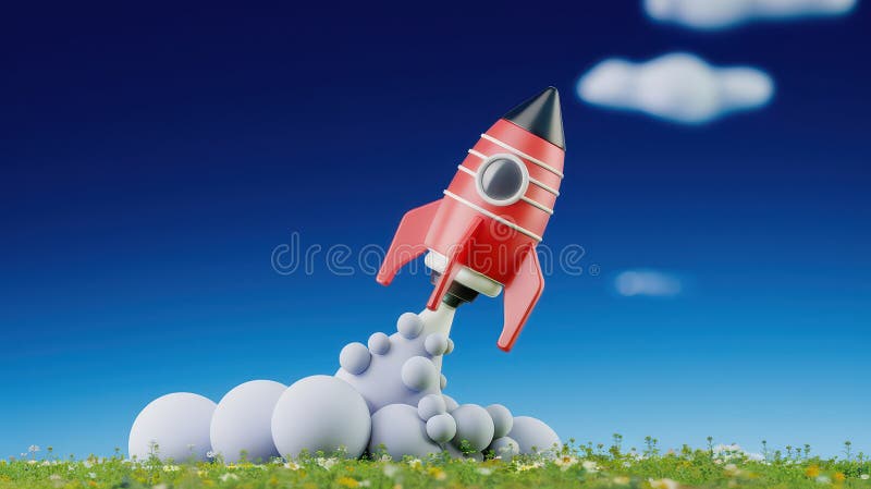 Rocket Launching into a Clear Blue Sky with a Smoke Trail Stock ...