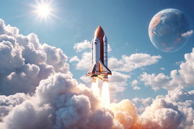 Rocket Launching into a Clear Blue Sky Surrounded by White Clouds and ...