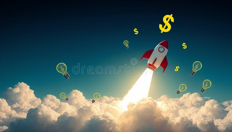 Rocket Launching through the Clouds with Dollar Signs and Lightbulbs in ...