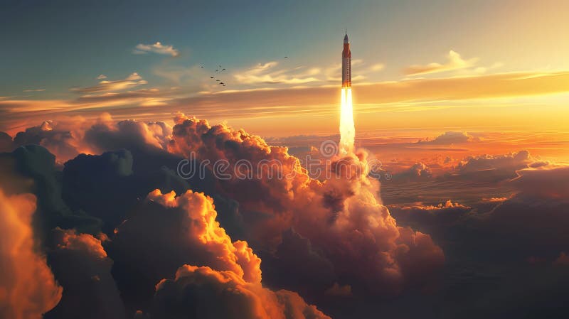 Rocket Launching through the Clouds at Sunrise Stock Image - Image of ...
