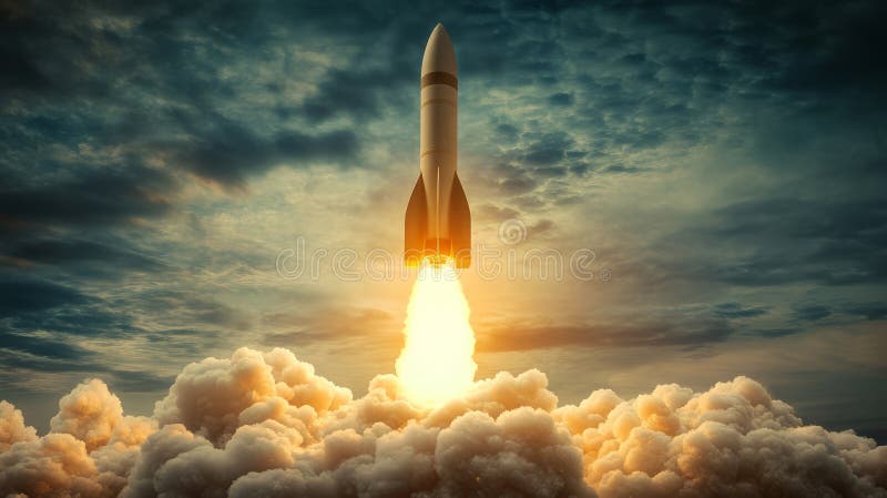 Rocket Launching into a Cloudy Sky with Fiery Exhaust and Dramatic ...