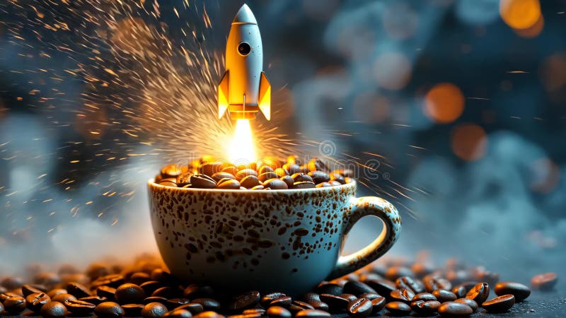 Rocket Launching from Coffee Beans in a Cup, Creative Energy Concept ...