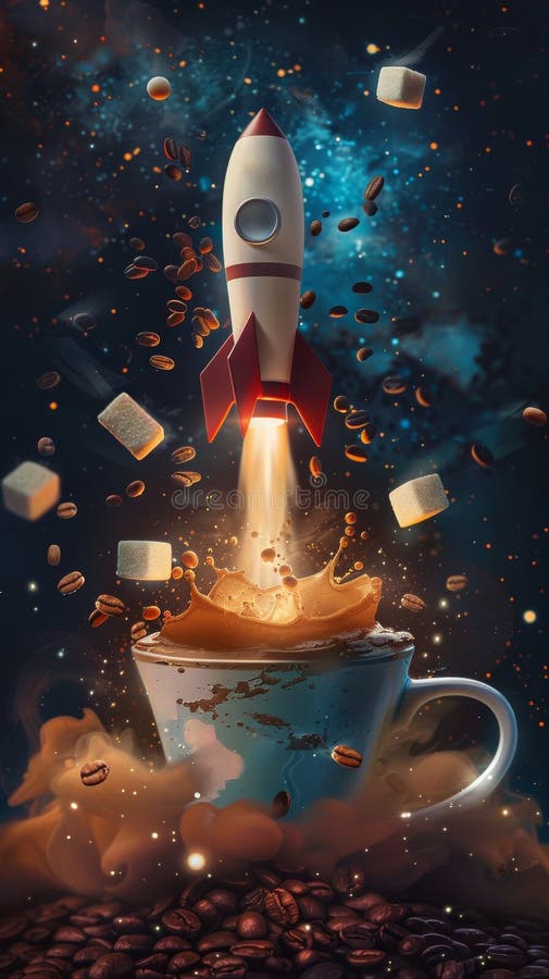 Rocket Launching from a Coffee Cup Amidst Floating Coffee Beans and ...