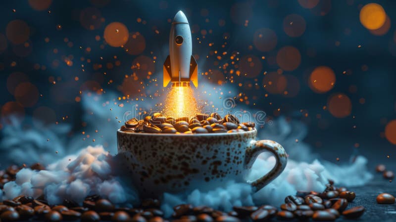 Rocket Launching from Coffee Cup with Coffee Beans and Smoke, Creative ...