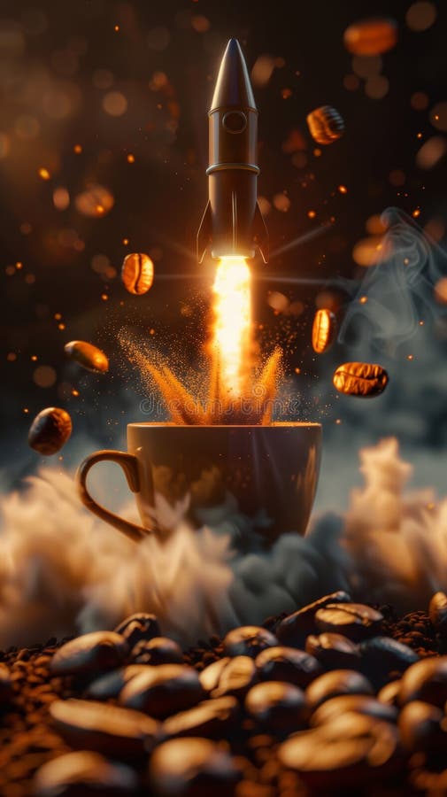 Rocket Launching from Coffee Cup with Coffee Beans and Steam, Creative ...
