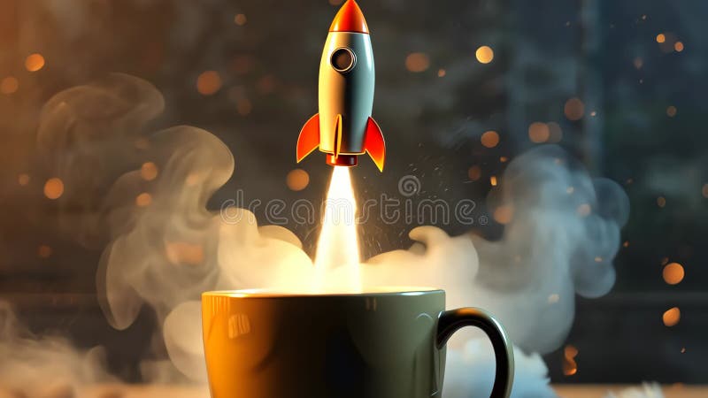 Rocket Launching from Coffee Cup with Smoke and Lights, Whimsical ...