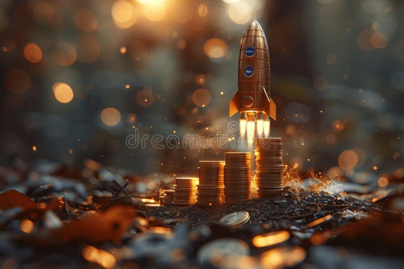 Rocket Launching from Coin Stack in Green Blur Background with Sunlight ...