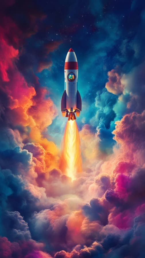 Rocket Launching through Colorful Clouds, Fantasy Space Adventure ...