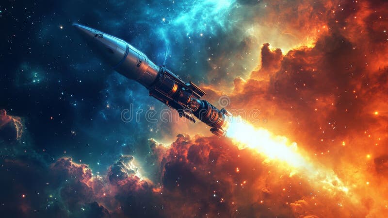 Futuristic Rocket Launching Deep Space Colorful Clouds Stock Photos ...
