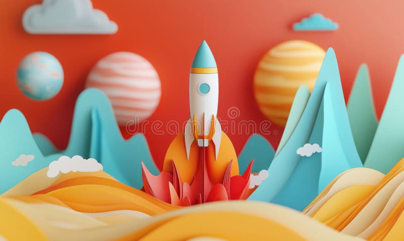 Rocket Launching from Colorful Mountains with Planets in Background, 3D ...