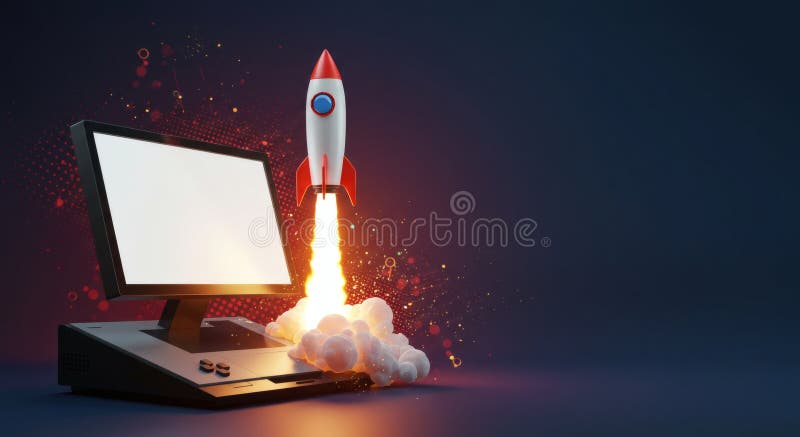 Rocket Launching from Computer Screen Representing Startup Business ...