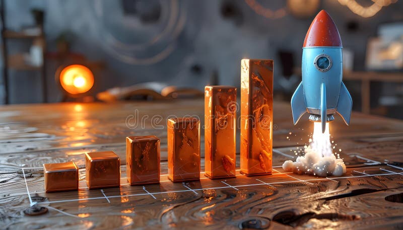 Rocket Launching beside 3D Chart in Modern Office, Symbolizing Business ...