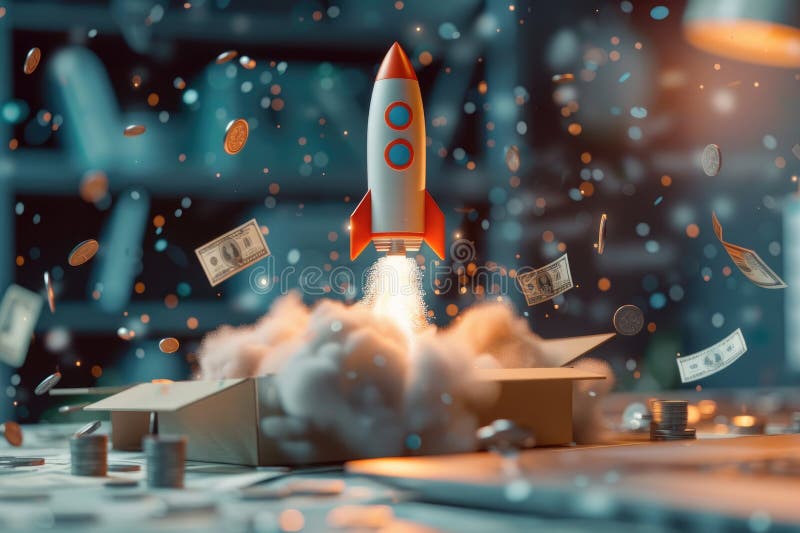 Rocket is Launching from the Desk, with Dollar Bills and Coins Flying ...
