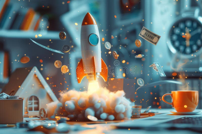 Rocket is Launching from the Desk, with Dollar Bills and Coins Flying ...