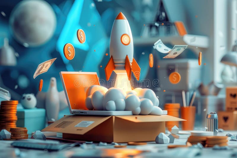 Rocket is Launching from the Desk, with Dollar Bills and Coins Flying ...