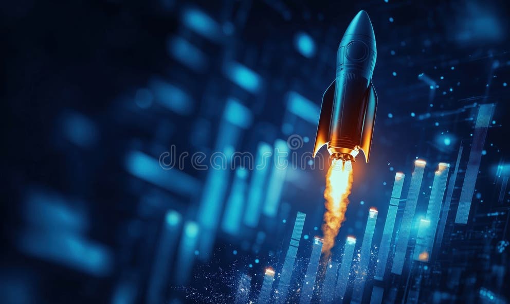 Rocket Launching into Digital Space with Blue Background and Data ...