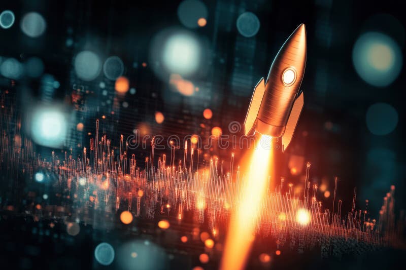 Rocket Launching in Digital Space with Futuristic Data Visualization ...