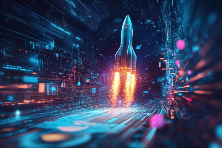 Rocket Launching into Digital Space Futuristic Environment 3d Visualization Sci-fi Concept ...