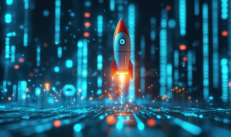 Rocket Launching into Digital Space with Glowing Data Streams and ...