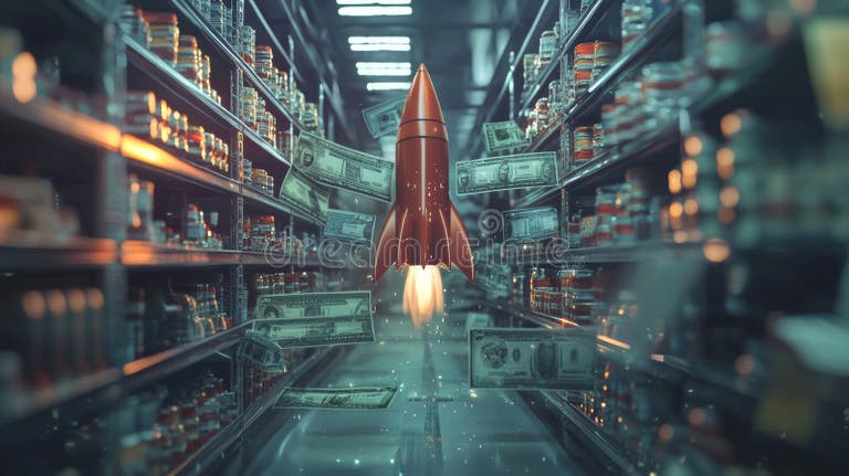 Rocket Launching with Dollar Bills Flying in a Store Aisle Stock Image - Image of retail, symbol ...